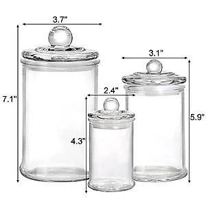 Suwimut Set of 3 Glass Apothecary Jars with Lids, Bathroom Vanity Storage Organizer Clear Apothecary Jars Qtip Holder Canister Set for Cotton Swabs, Cotton Balls, Makeup Sponges, Bath Salts, Mason Jar Bathroom Accessories Set