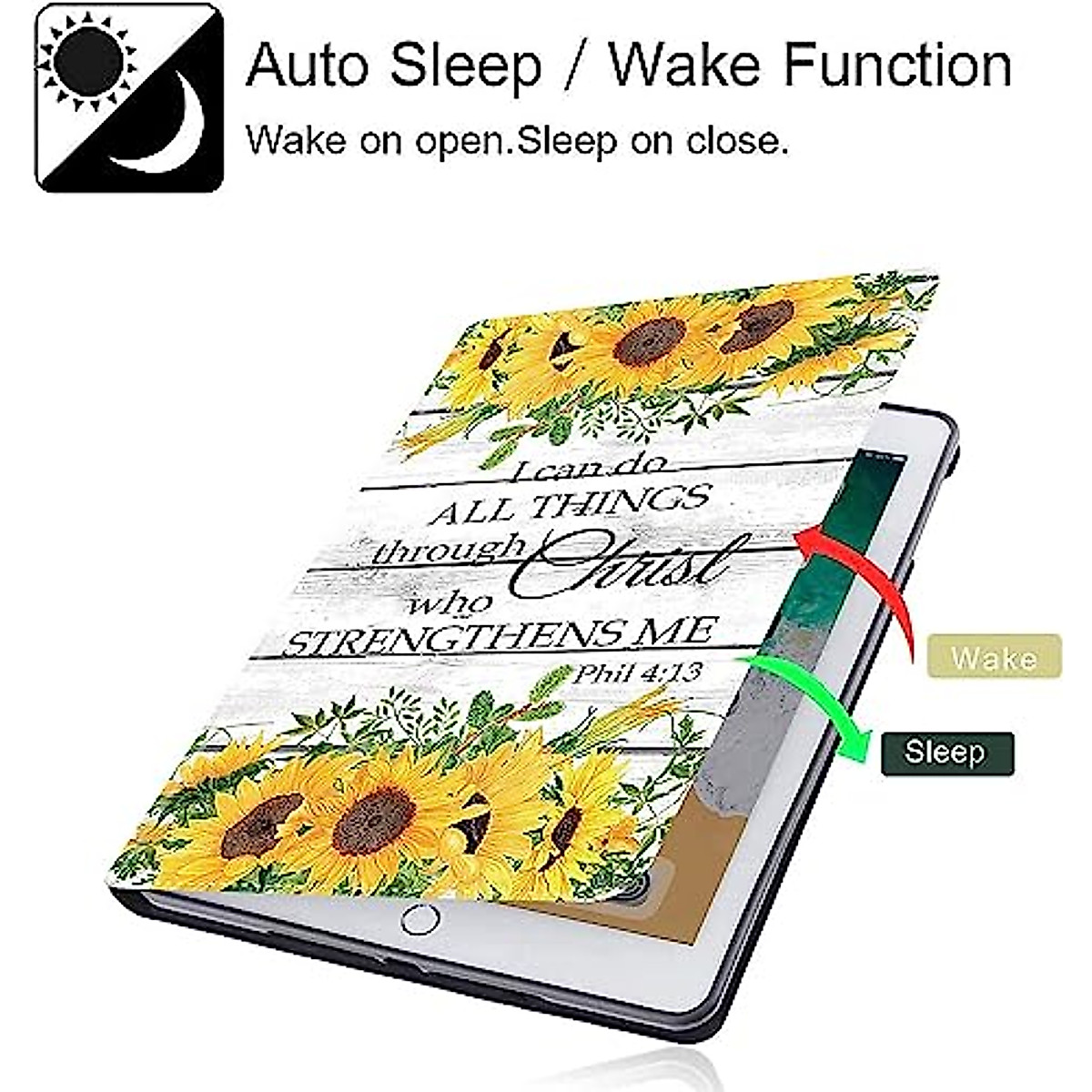Case for iPad Pro 11 Inch 4th/3rd/2nd/1st Generation 2022/2021/2020/2018, Fit Also iPad Air 4/5 th 10.9 inch Adjustable Stand Auto Sleep/Wake, Philippians 4:13 Quotes Bible Scripture Sunflowers