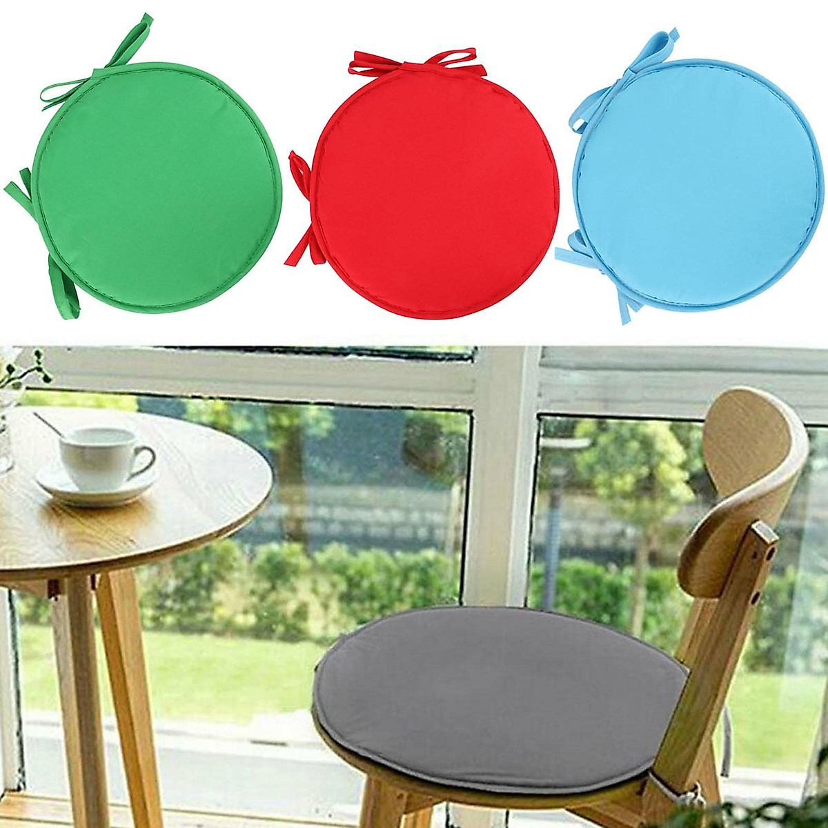 Feniyue 4PCS Round Chair Pads Seat Cushions, Set of 4 Patio with Ties, Soft & Comfortable Dining Indoor Outdoor Cushions or Home Office and Garden Furniture Decoration, Red