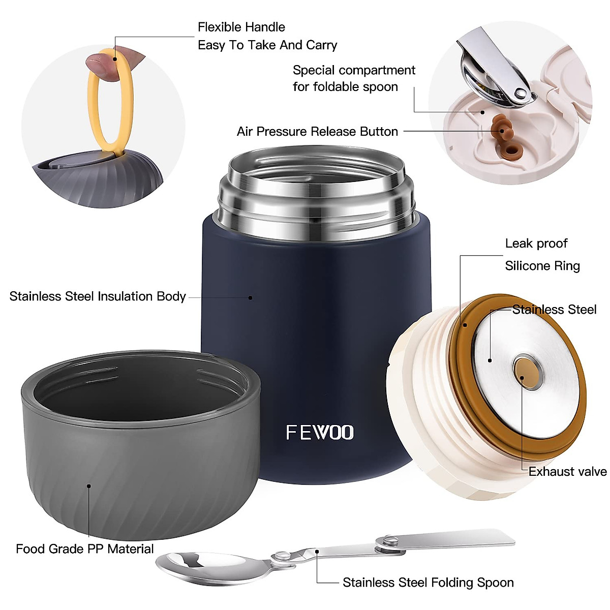 FEWOO Food Thermos - 20oz Vacuum Insulated Soup Container, Stainless Steel Lunch box for Kids Adult, Leak Proof Food Jar with Folding Spoon for Hot or Cold Food (Midnight Blue)