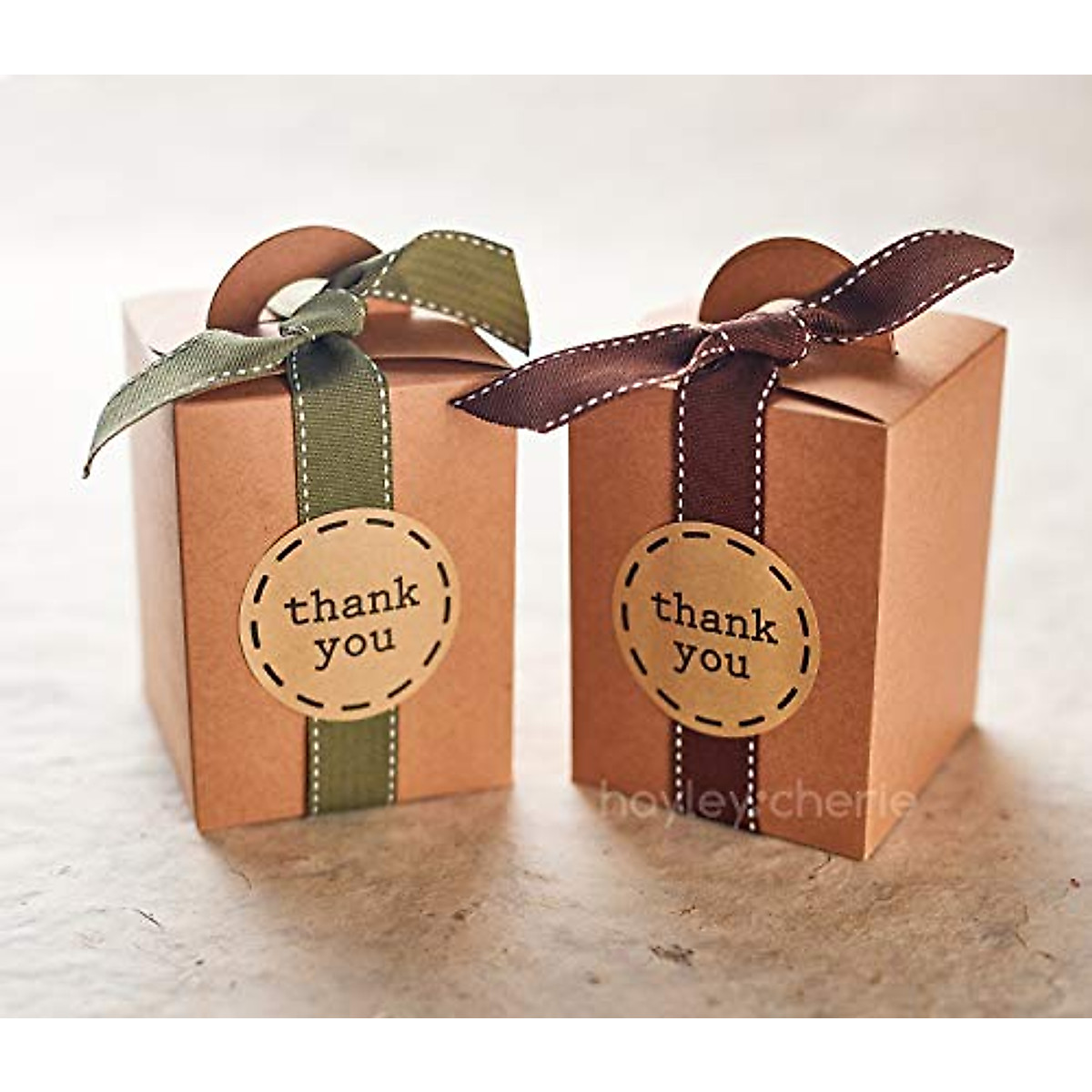 Hayley Cherie - Gift Rustic Treat Boxes with Ribbons and Thank You Stickers (20 Pack) - 4.7 x 3.5 x 3.5 inches - Thick 350gsm Card (Small Kraft)