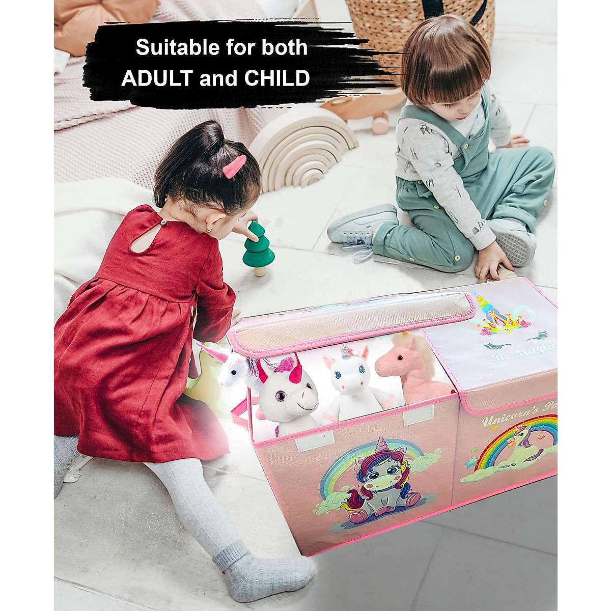 NINOSTAR Girls Unicorn Toy Storage Chest Glowing Décor Functional Organizer Cube Drop Fabric Box with Handles Perfect for Games, Parties, Birthdays