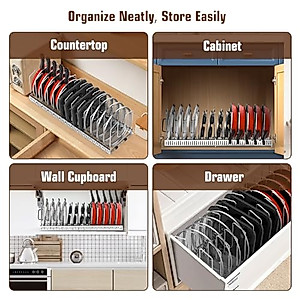 Housolution Pot Lid Organizer, Stainless Steel Expandable Pot and Pan Organizer with 14 Adjustable Dividers, Pan Storage Rack Lid Holder for Cabinet, Silver