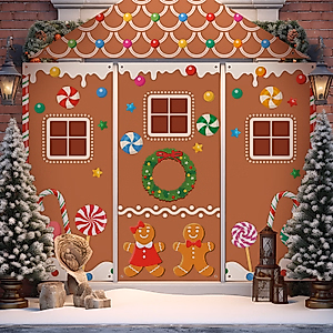 VitalCozy 4 Pcs Christmas Gingerbread Door Decorations Xmas Gingerbread House Backdrop Gingerbread Candy Door Covers Christmas Hanging Banner Porch Sign for Holiday Classroom Office Home Party Decor