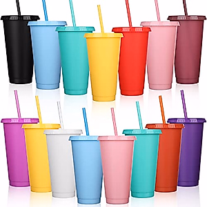Honeydak Tumbler with Straw and Lid Bulk Water Bottle Iced Coffee Travel Mug Reusable Plastic Cups for Parties Birthdays 24-27 oz(Solid Color,15 Pack)