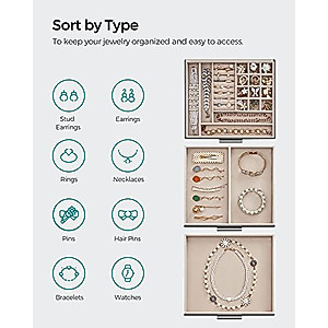 SONGMICS Jewelry Box with Glass Lid, 3-Layer Jewelry Organizer, 2 Drawers, for Big and Small Jewelry, Jewelry Storage, Modern Style, 8 x 9.1 x 5.3 Inches, Interstellar Gray and Silver UJBC239GY