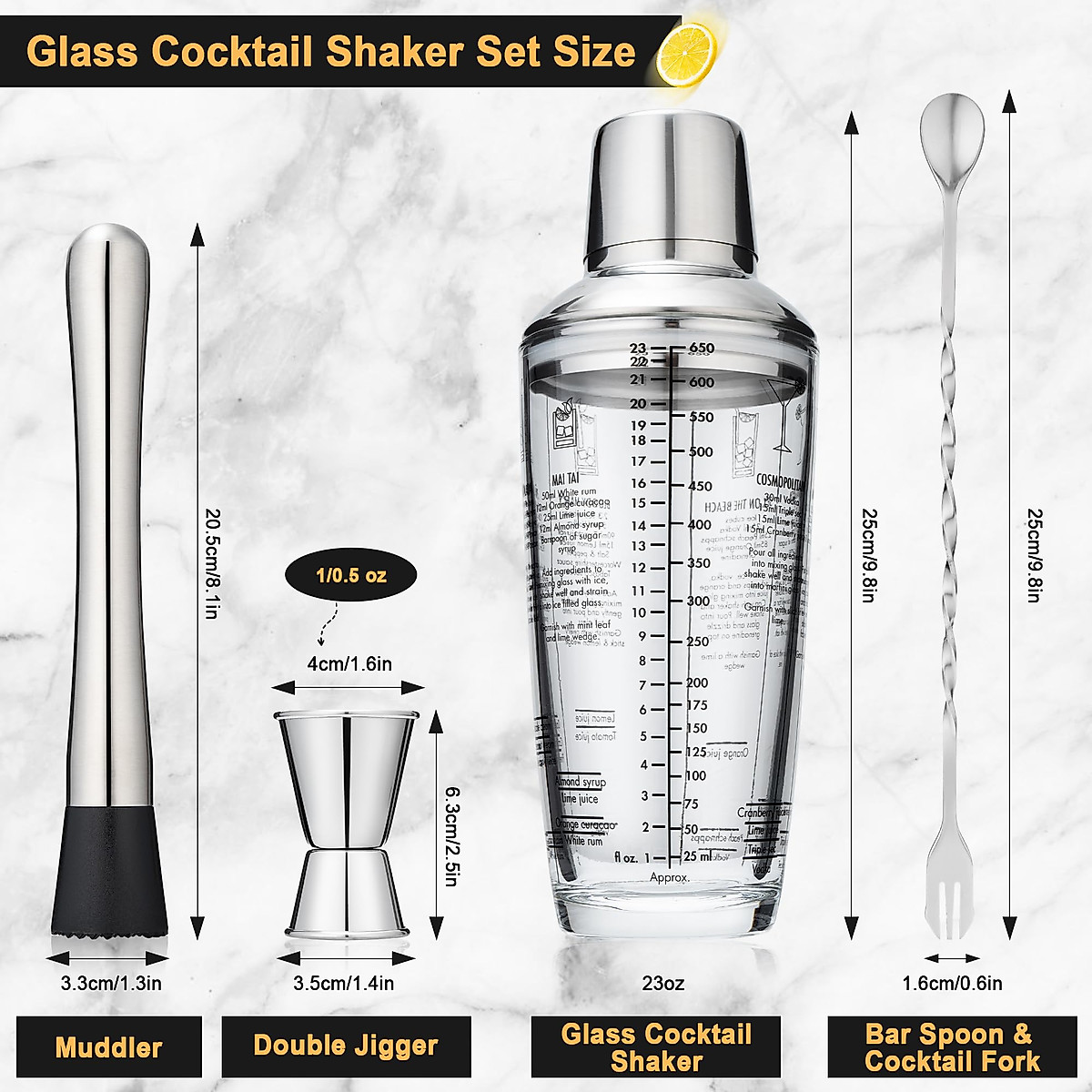 Tiawudi 23oz Glass Cocktail Shaker Set, 4PCS Bartender Kit, Martini Mixer Shaker with Built-in Strainer, Measuring Jigger, Cocktail Muddler & Mixing Spoon, Bar Tool Set for Bartender and Home Use