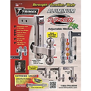 Trimax TRZ8AL 8" Premium Aluminum Adjustable Hitch with Dual Hitch Ball and T5 Receiver Lock, Polished Aluminum