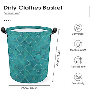 KiuLoam Japanese Teal Mermaid Fish Scale Laundry Baskets, Large Storage Basket Collapsible Organizer Bin Laundry Hamper for Nursery Clothes Toys