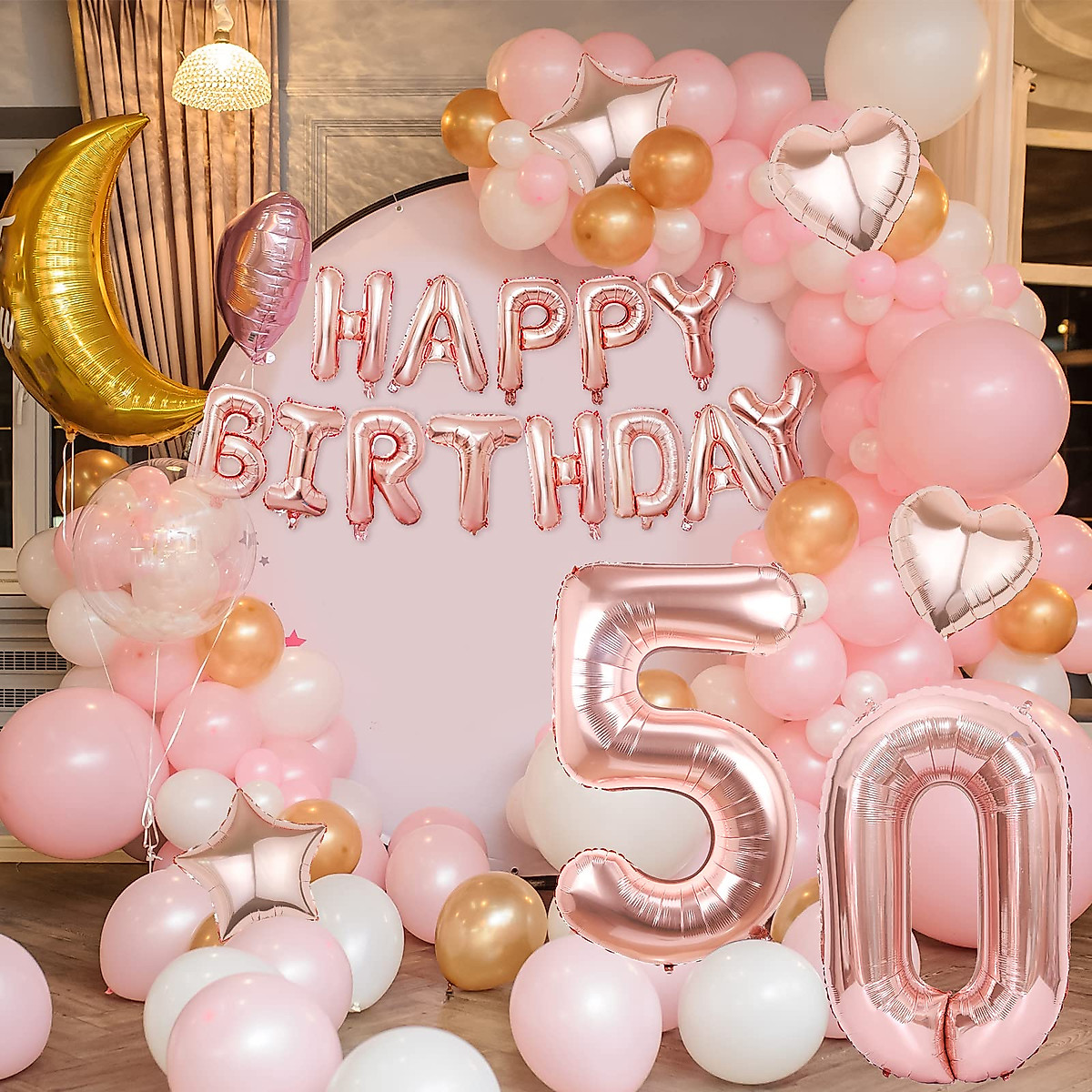 Rose Gold Happy Birthday Balloons Banner, 50th Birthday Decorations 16 Inch Mylar Foil Letters Sign Balloons Banner for Fifty Year Old Birthday Party Supplies (50th)