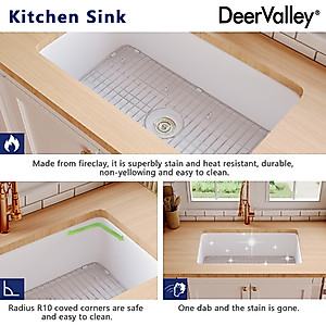 Undermount Kitchen Sink, DeerValley DV-1K513 Glen 30" L x 20" W White Single Bowl Kitchen Sink Fireclay Undermount Sink with Sink Grid and Basket Strainer