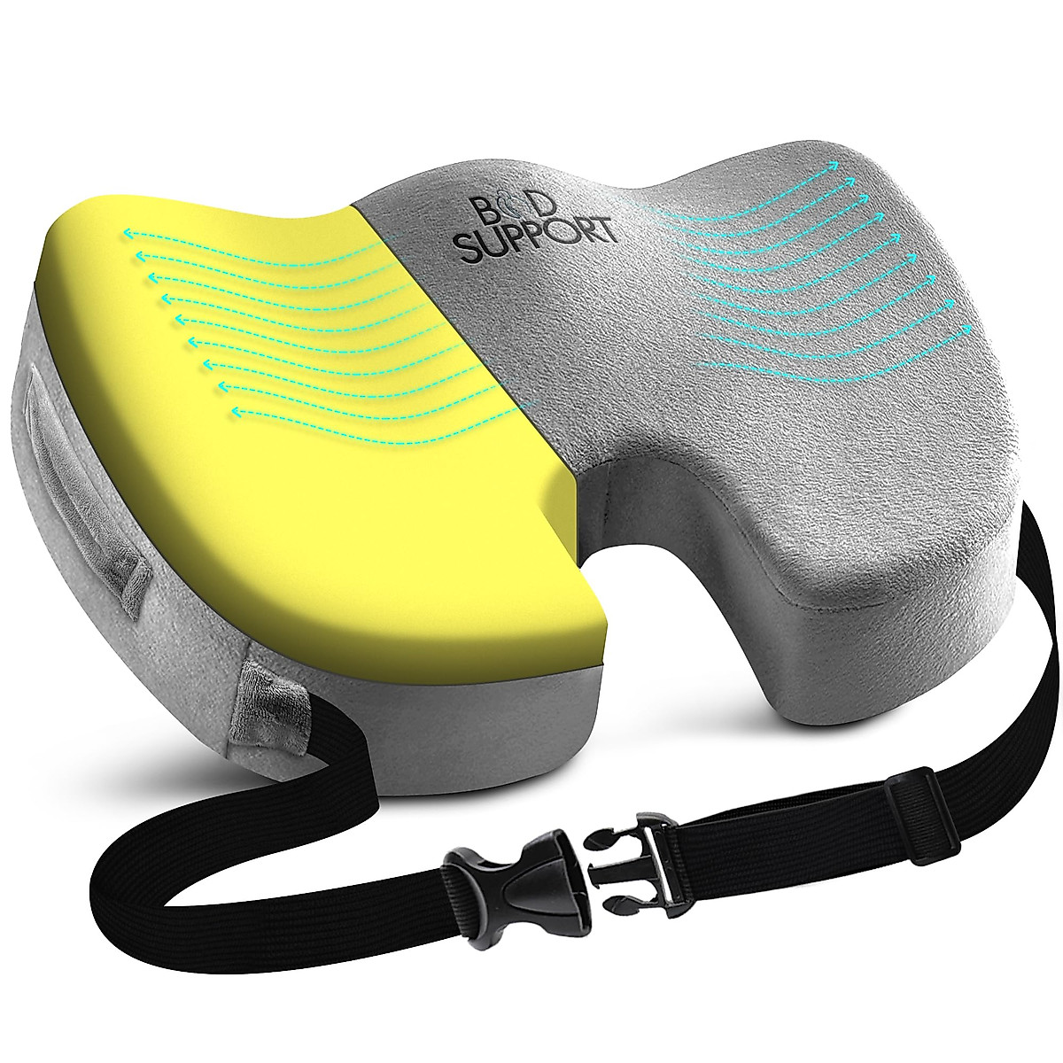BOD SUPPORT Seat Cushion with Straps - Seat Cushions for Office Chairs, Car Seat Cushion for Tailbone Pain Relief Cushion Design to Relieve Sciatica Coccyx Design from Prolonged Sitting (Grey)