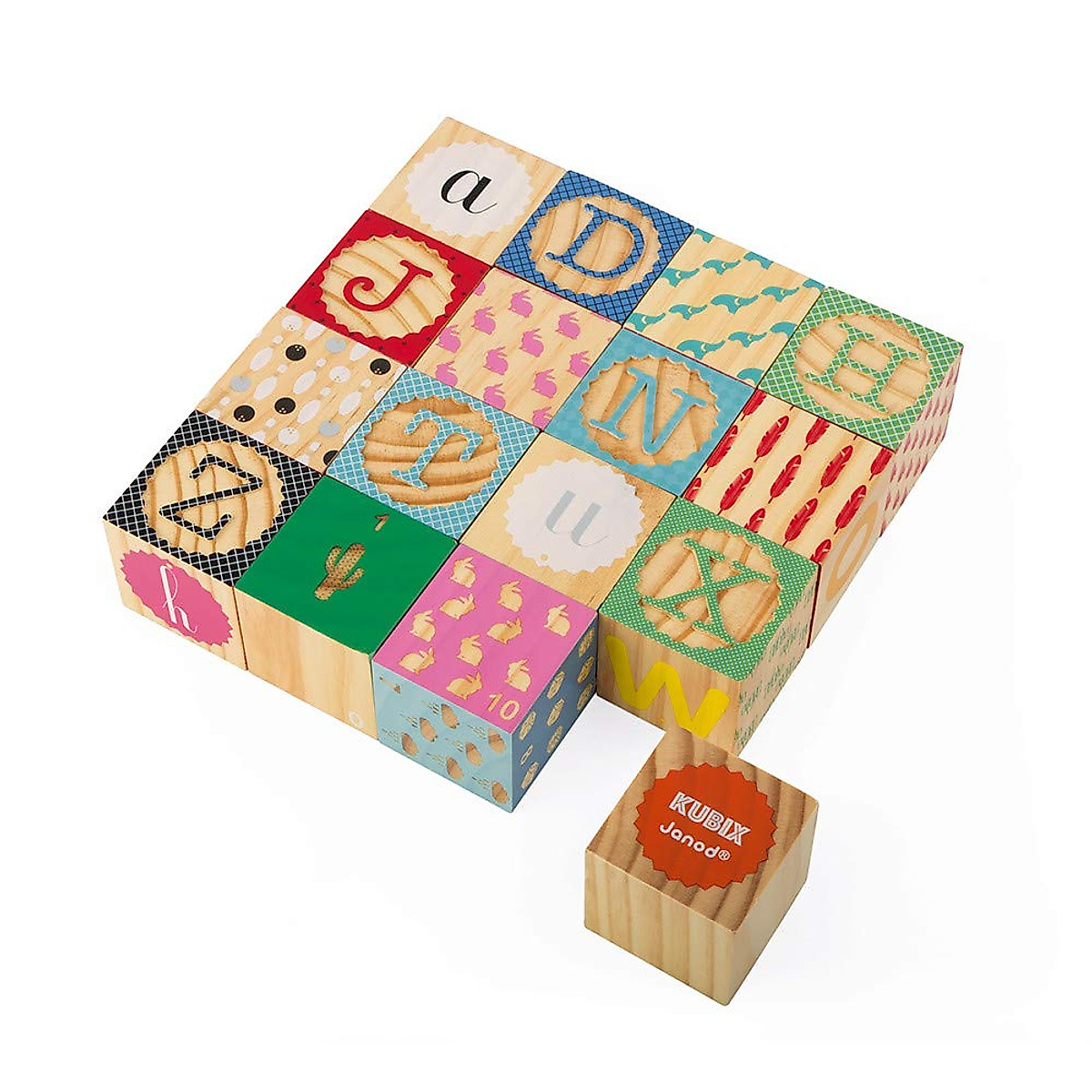 Janod Kubix 16 Wooden Alphabet and Numbers Blocks - Ages 2+ - J08078