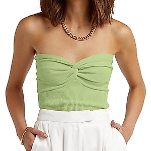 EFAN Womens Tube Tops Summer Sweater Twist Knot Front Knit Bandeau Strapless Ribbed Sleeveless Y2K Corset Crop Top Light Green S