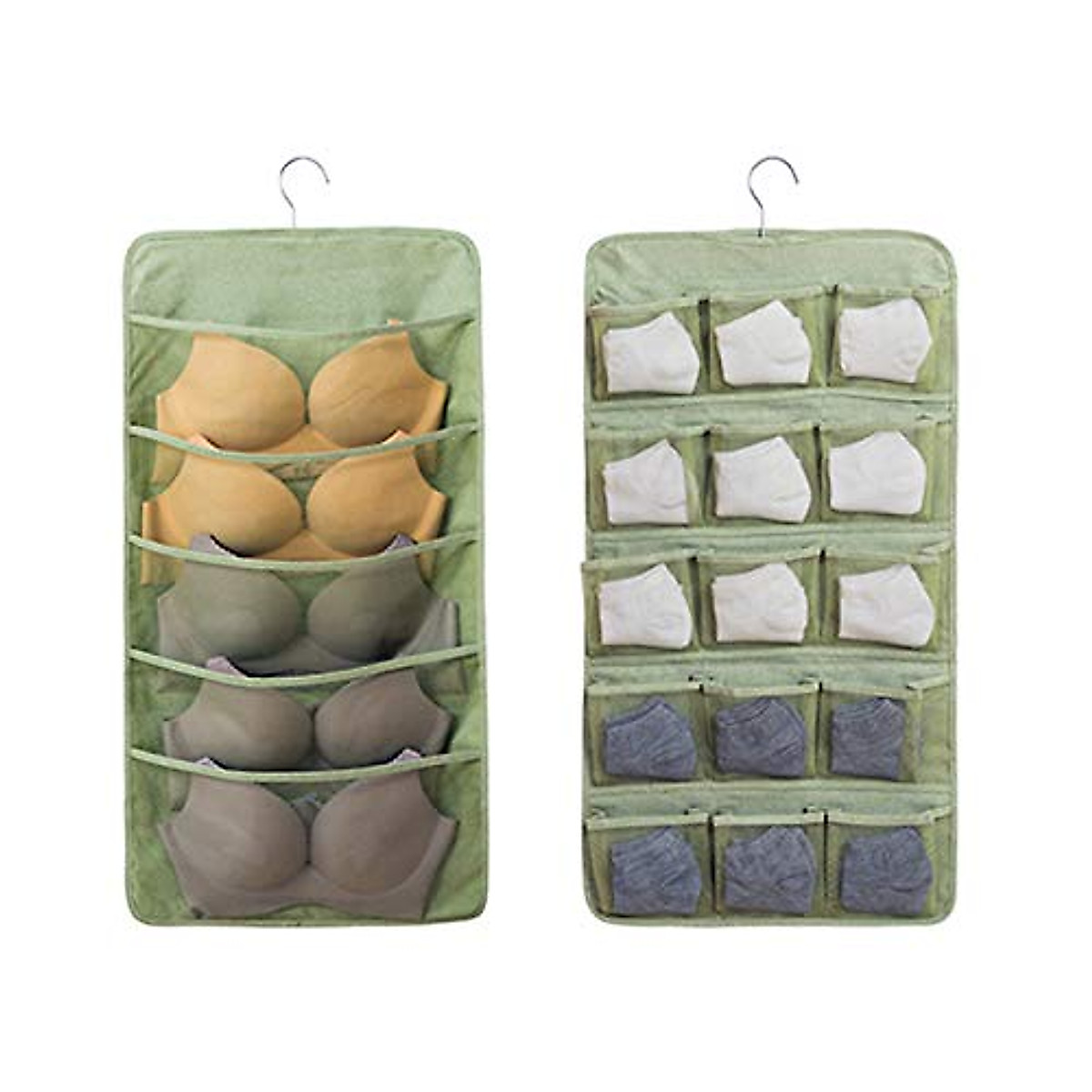 Dual sided Hanging Underwear Sock Bra Stocking Organizer with 5+15 Mesh Pockets, 3D Pockets Design Durable Space Saver Bag Wall Shelf Wardrobe Storage Bags Holders (Green)