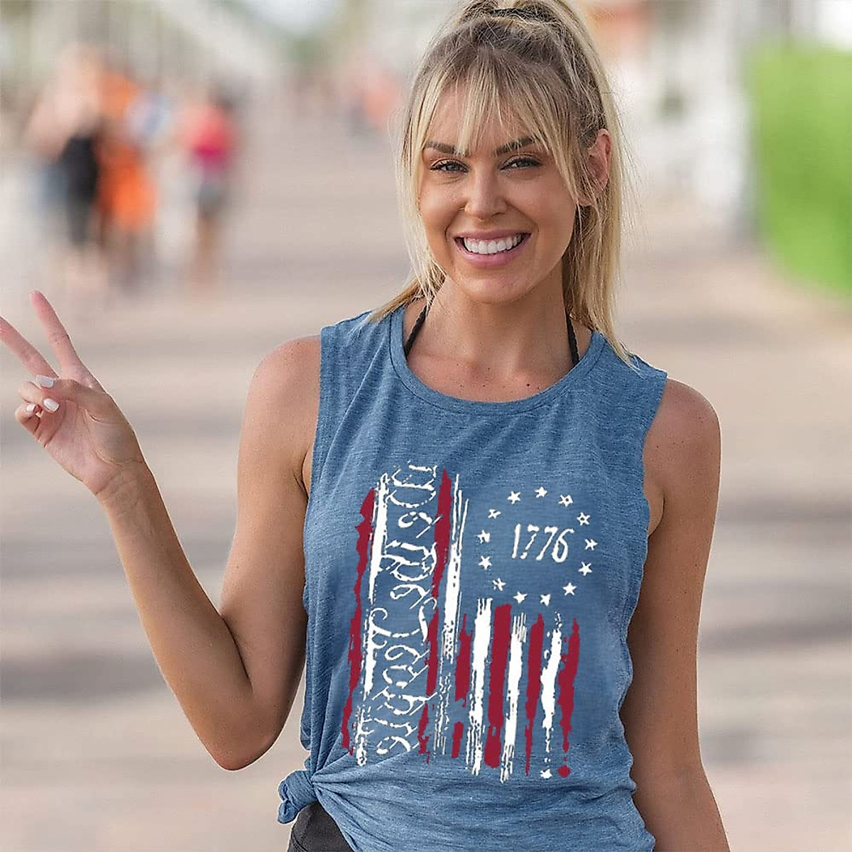 Women's American Flag Shirt 4th of July Printed 1776 Patriotic Tank Tops Patriotic Stars Stripes Sleeveless Loose Tee Tops,Ink Blue L