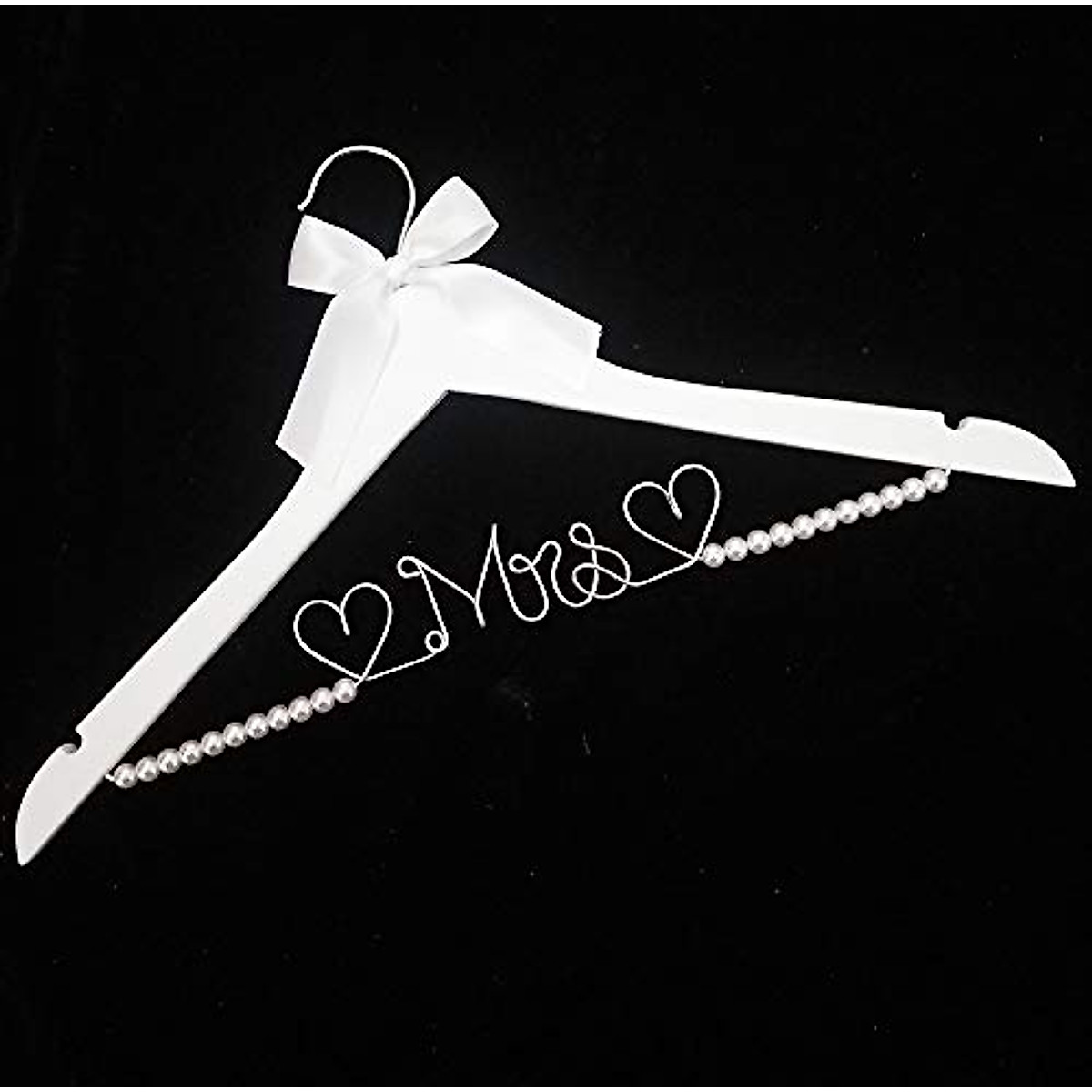 Bridal Dress Hanger Solid Wood Dress Hangers Mrs Letter Hanger Wedding Gift (White Hanger Pearl and Silver Thread)
