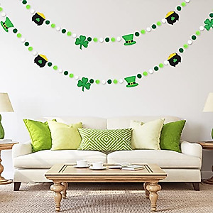 AnyDesign St. Patrick's Day Felt Pom Pom Banner Shamrock Hat Pot Felt Garland Green White Pom Ball Party Hanging Bunting Banner for Irish Holiday Home Mantel Wall Window Decor Party Supplies, 8.2Ft