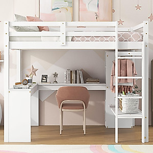 THINK 30 Full Size Loft Bed Frame with L-Shaped Desk, Wardrobe and Storage Shelves, Multifunctional Wood Loft Bed with Desk & Stairway for Kids Boys Girls Teens (White, Full)