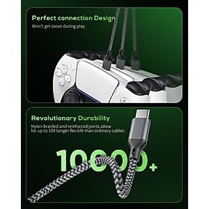 MENEEA Charger Charging Cable for PS5/PS5 Pro Controller,for Xbox Series X/S,for Nintendo Switch 2 Pack 10FT Replacement USB C Cord Nylon Braided Type-C Ports for PlayStation 5 Skins,Grey