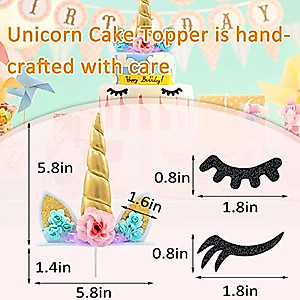 Unicorn Cake Topper Party Supplies Decorations for Girls Gold Unicorn Horn First Birthday Cake Topper Kit with Eyelashes, 5.8 Inch