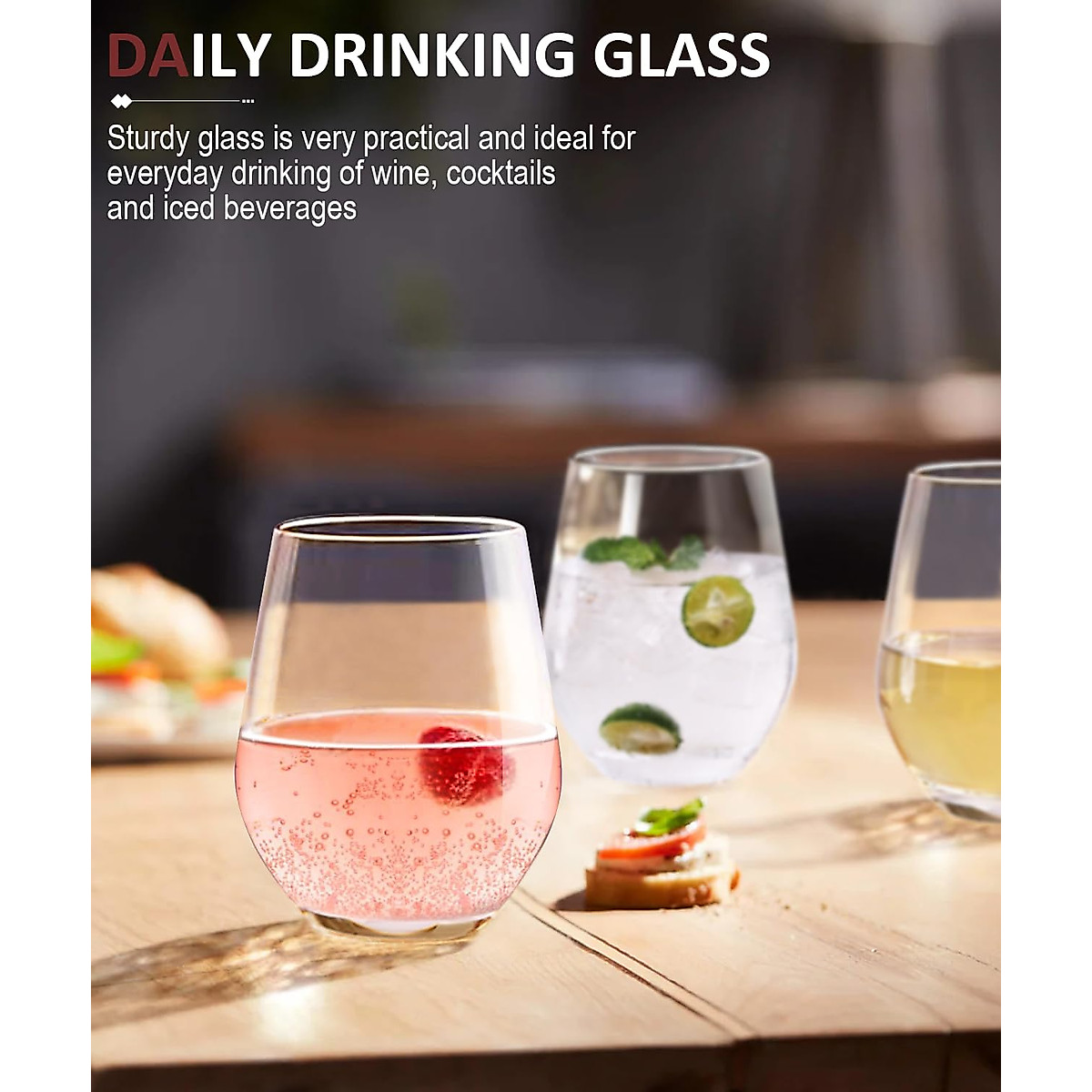 OJA Stemless Wine Glasses Set of 4, Premium Crystal Red White Wine Glasses, No Stem, Clear-15oz, Sturdy Drinking Glass for Daily Use, Birthday, Wedding, Home Party, Anniversary, Shower Gift