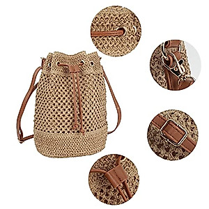 Women Small Hollow Out Straw Woven Drawstring Crossbody Bag Top-handle Bag Bucket Bag