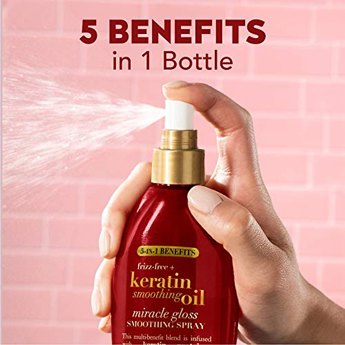 OGX Frizz-Free + Keratin Smoothing Oil Miracle Gloss Spray, 5 in 1, De-frizz & Shiny Hair, Argan Oil