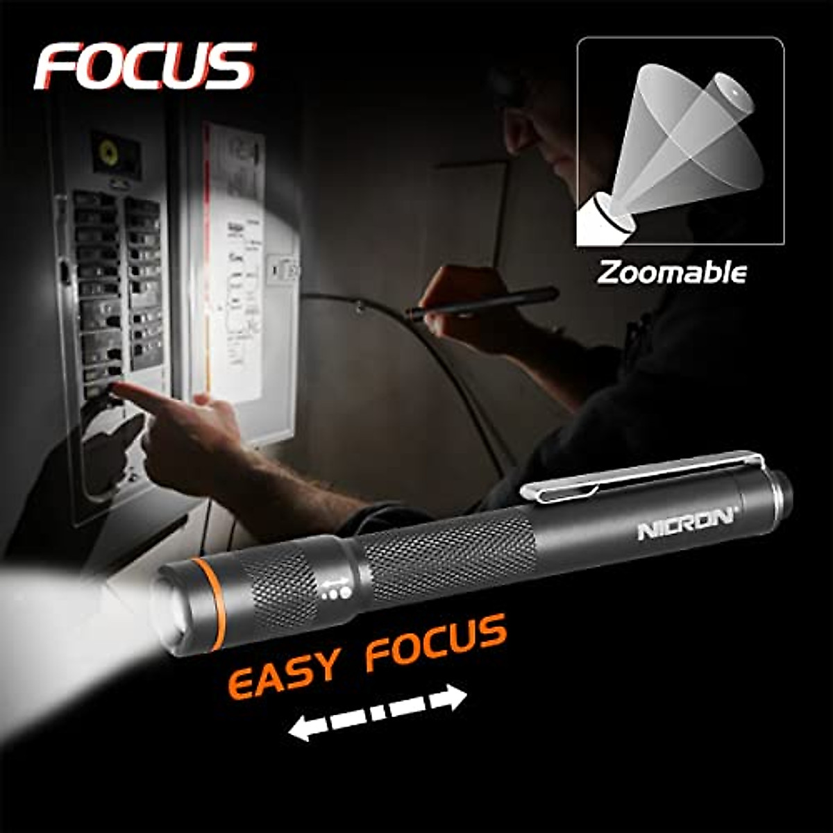 NICRON B22W LED Pocket Pen Light,Small,Compact,Portable,Zoomable Flashlight with Clip for Inspection,Camping,Outdoor,Everyday Use