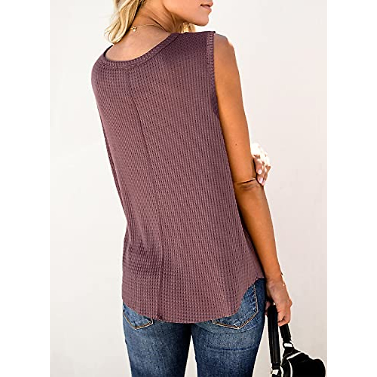 Dokotoo Womens Ladies Basic Solid Summer Casual Round Neck Waffle Knit Ribbed Loose Fit Long Tunic Tank Tops Sleeveless Shirts Cami Tops Blouses Tees Vest Wine Large