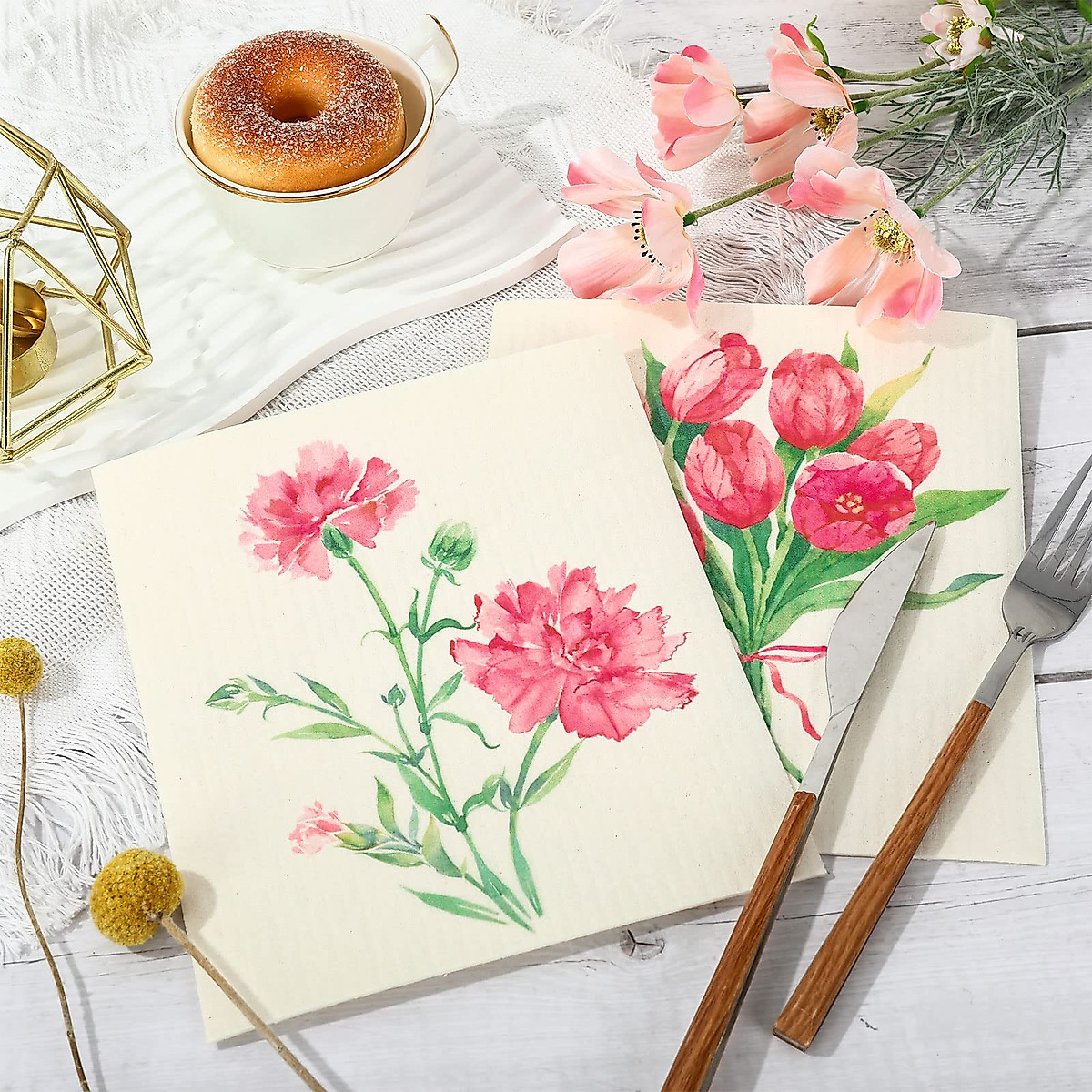 Whaline Flowers Swedish Kitchen Dishcloth Watercolor Floral Cotton Kitchen Towel 6 Design Flower Absorbent Dishcloth for Party Home Housewarming Cleaning Counter Wipes, 7 x 8 Inch