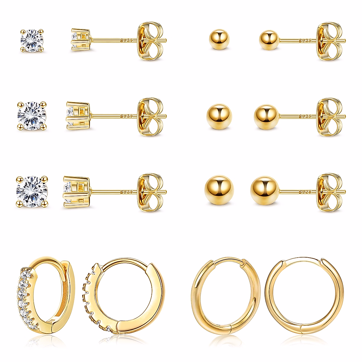 FASACCO 14K Gold Stud Earrings Set Sterling Silver Hypoallergenic Gold Earrings for Multiple Piercing Earrings Studs Set