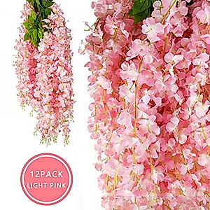 GOOCHOO 12 Pack 3.6 Feet Artificial Fake Wisteria Vine Ratta Hanging Garland Silk Flowers String Party Home Wedding Decor, (Light Pink)