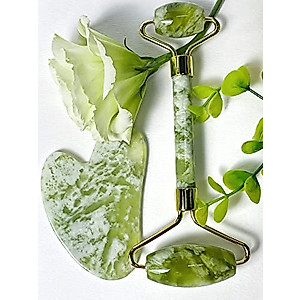 Face Roller Natural Jade Roller For Face - Gua Sha Facial Tool - Aging Wrinkles,Puffiness Facial Skin Care Product Massager - Premium Authentic Jade Stone (Jade Roller+Gua Sha)