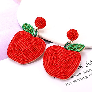 Beaded Earrings HandmadeTeacher Apple Bead Dangling Earrings Funny Fruit Drop Dangle Earrings for Women Teacher’s Day Appreciation Back to School Jewelry Gifts