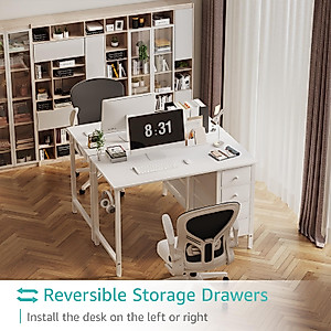 Lufeiya Small White Desk with Fabric Drawers, 40 Inch Kids Girls Teen Cute Study Desk for Bedroom Work, Computer Writing Table Desks with Drawer for Small Spaces Home Office