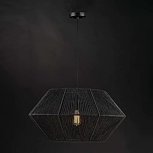 Globe Electric 65470 1-Light Chandelier, Matte Black Natural Twine, Mate Black Canopy and Socket, Designer Black Cloth Hanging Cord. Adjustable Height, Home Decor Lighting, Hygge, Bulb Not Included