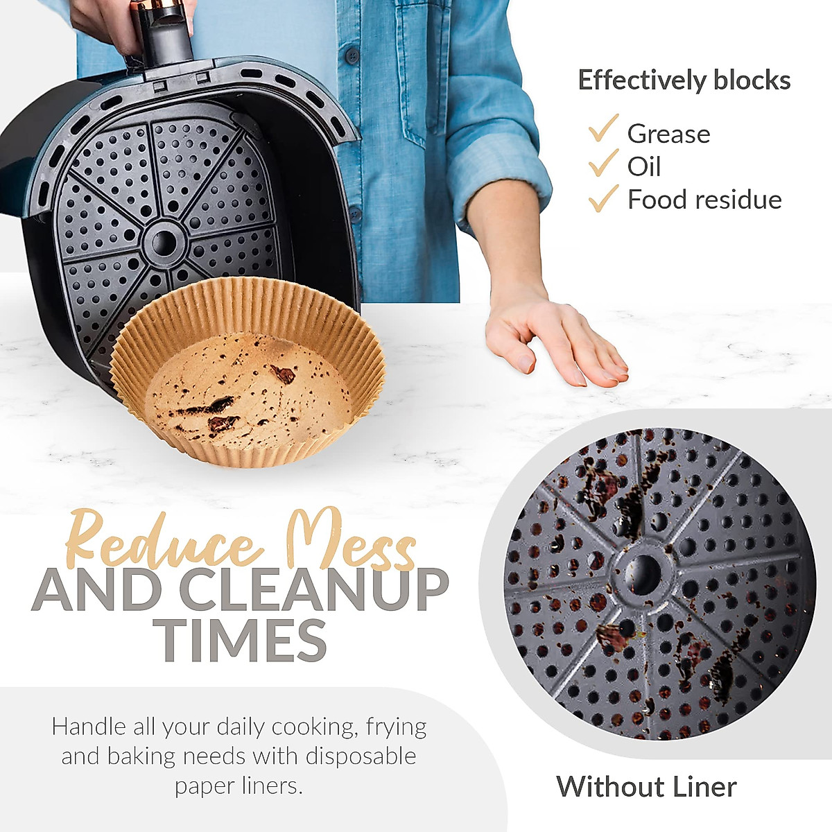 Air Fryer Liners - 50 Pcs Air Fryer Disposable Paper Liner - Non-Stick Greaseproof Parchment Paper for Air Fryer Liners Disposable - Round Airfryer Basket Liner for Quick Easy Cleanup and Disposal