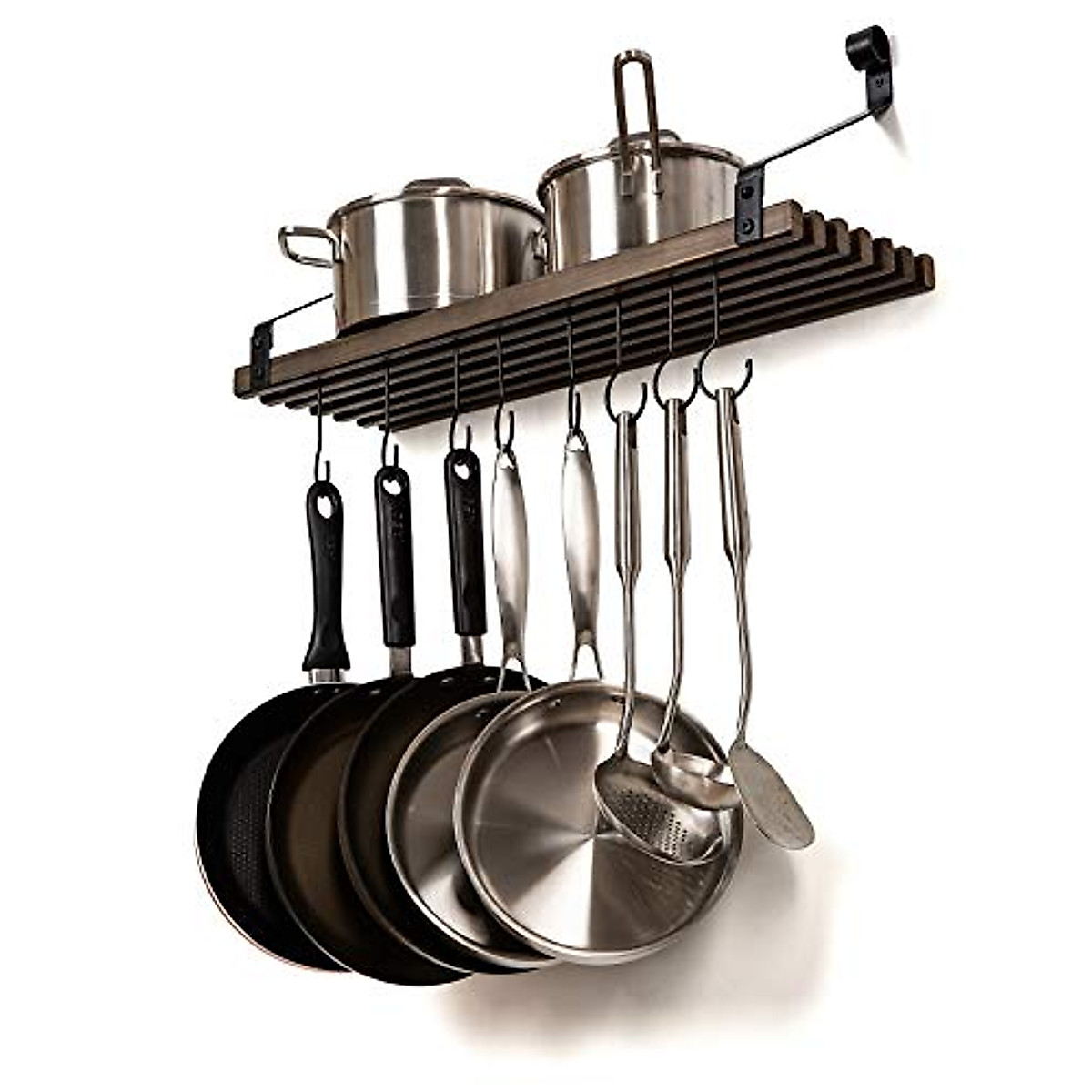 Soduku Pot Pan Rack with Solid Wood Shelf, Wall Mounted Multifunctional Kitchen Hanging Organizer with 8 Hooks for Pots Pans Lids Utensils Cookware Brown