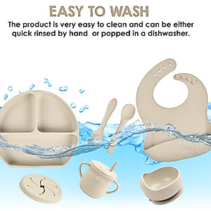 Baby Feeding Set Silicone Suction Bowls-Sippy and Snack Cup-Divided Plate-Feeding Eating Utensils Set with Bibs (Pink)