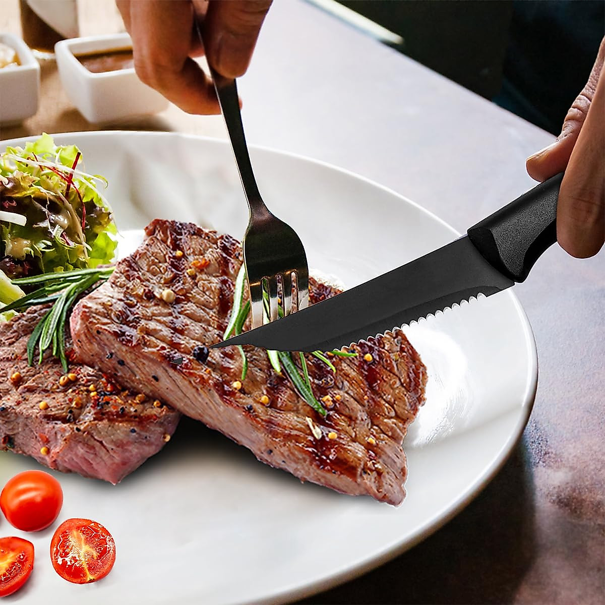 YUNYDSM Steak Knives Set of 8, Stainless Steel Serrated Steak Knife, Sharp Serrated Edges, Comfortable Grip Ergonomic Non-Slip Handle, Dishwasher Safe(8.5in Black)