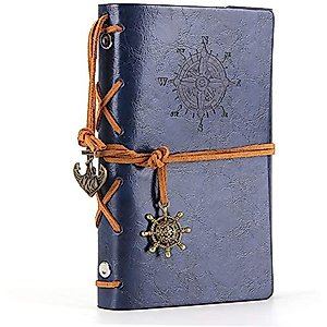Leather Travel Journal Writing Notebook, Classic Embossed Vintage Nautical Spiral Blank String Refillable Diary Notepad Sketchbook to Write in, Unlined Paper, Retro Pendants (7.3” x5”, Deep Blue)
