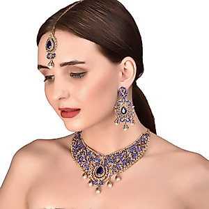 Touchstone Indian jewelry bollywood for women statement necklace sets wedding blue royal bridal ornaments big large matha tikka statement rajasthani mangtika traditional quality in antique gold tone.