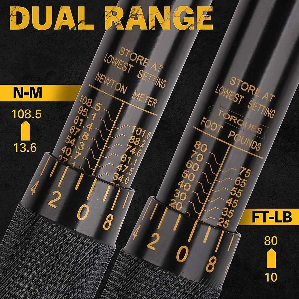 ELEAD 3/8-Inch Drive Click Torque Wrench, 10-80 ft.lb / 13.6-108.5 Nm, Laser Engraved Dual-Range Scale, Durable CRV Construction, Yellow