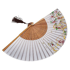 Amajiji® Chinese Japanese Folding Hand Fan for Women,Vintage Retro Style 8.27" (21CM) Bamboo Wood Silk Hand Fans (CL-04)