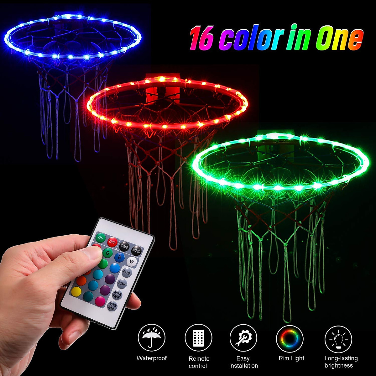 Waybelive LED Basketball Hoop Lights, Remote Control Basketball Rim LED Light, 16 Color Change by Yourself, Waterproof, Super Bright to Play at Night Outdoors, Good Gift for Kids