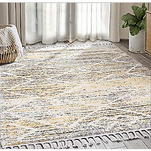 Abani Modern 5'3" X 7'6" Grey, Cream & Yellow Shag Area Rug Rugs Plush Contemporary Boston Collection Tassel Rug