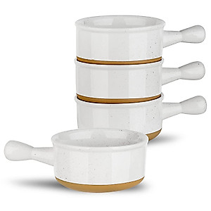 HVH French Onion Soup Bowls With Handles Microwave Safe, Ceramic Soup Bowl Set of 4, 15 Oz Soup Crocks for Oatmeal, Stew, Chili, Dessert, Farmhouse Style (White)