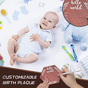 5.5 Inch Baby Birth Announcement Sign for Hospital Cherry Wooden Newborn Name Sign Hexagon Sign with White Paint Marker for Baby Gift Nursery Wall Decor