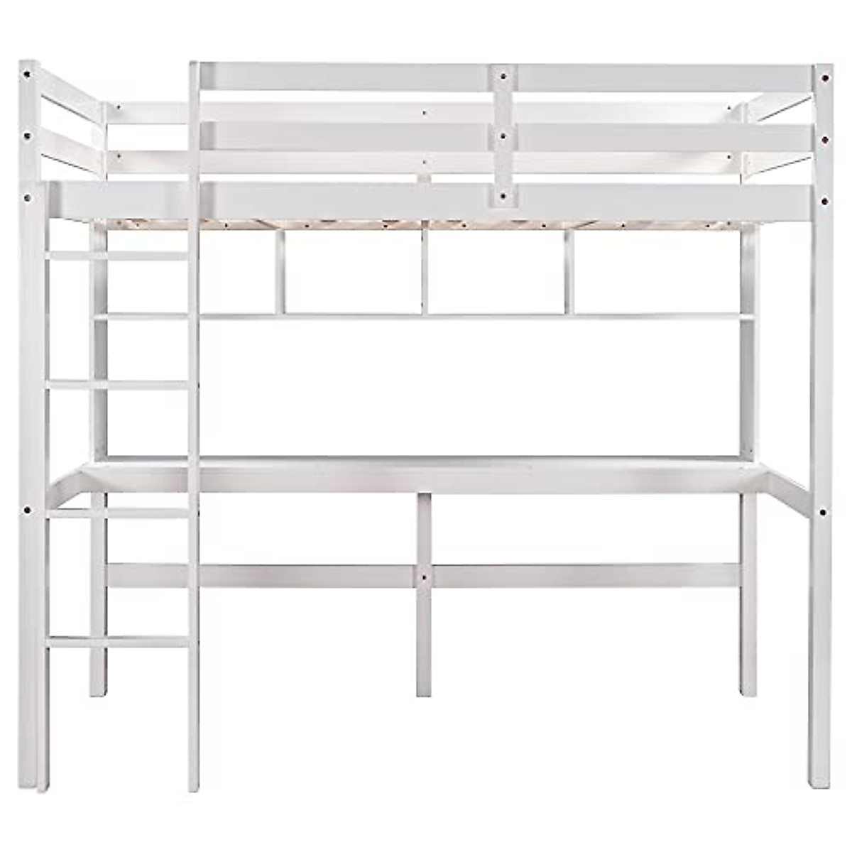 DEYOBED Twin Size Wooden Loft Bed Frame with Desk, Shelves for Kids Teens Adults